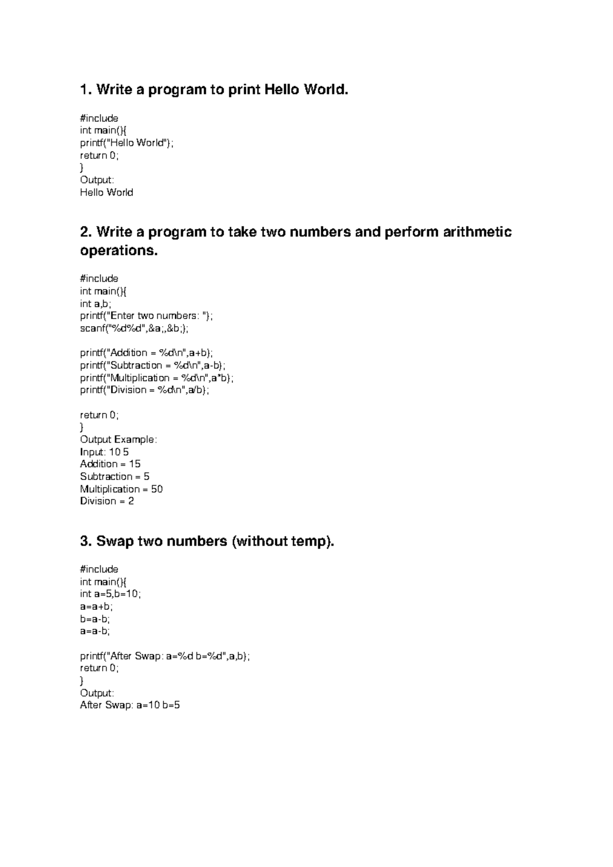 C Programs Assignment - Good - 1. Write a program to print Hello World ...