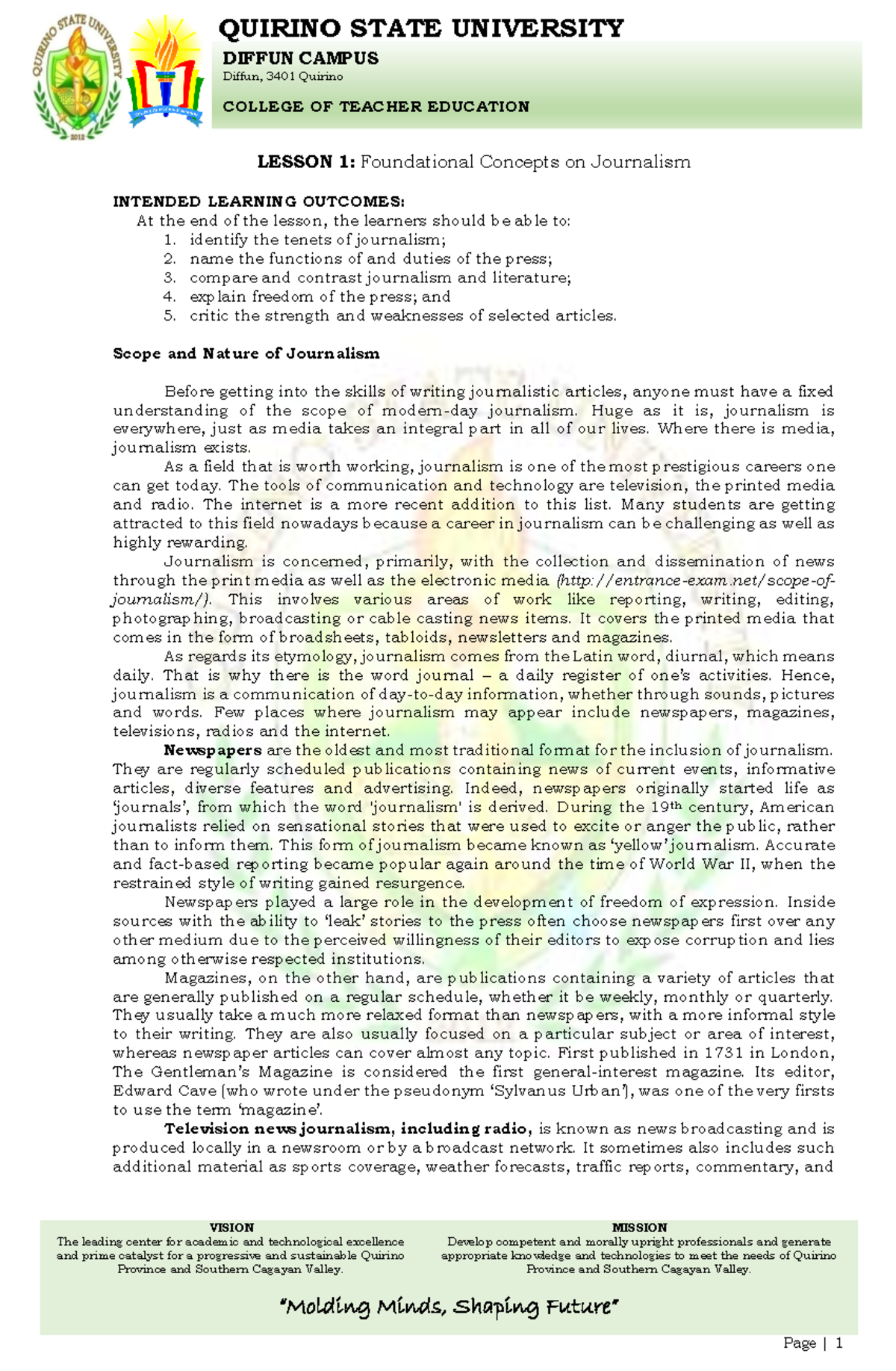 ENG 120 Campus Journalism Lesson 1: Foundations and Functions - Studocu