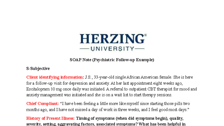 Example Herzing follow up visit - SOAP Note (Psychiatric Follow-up ...