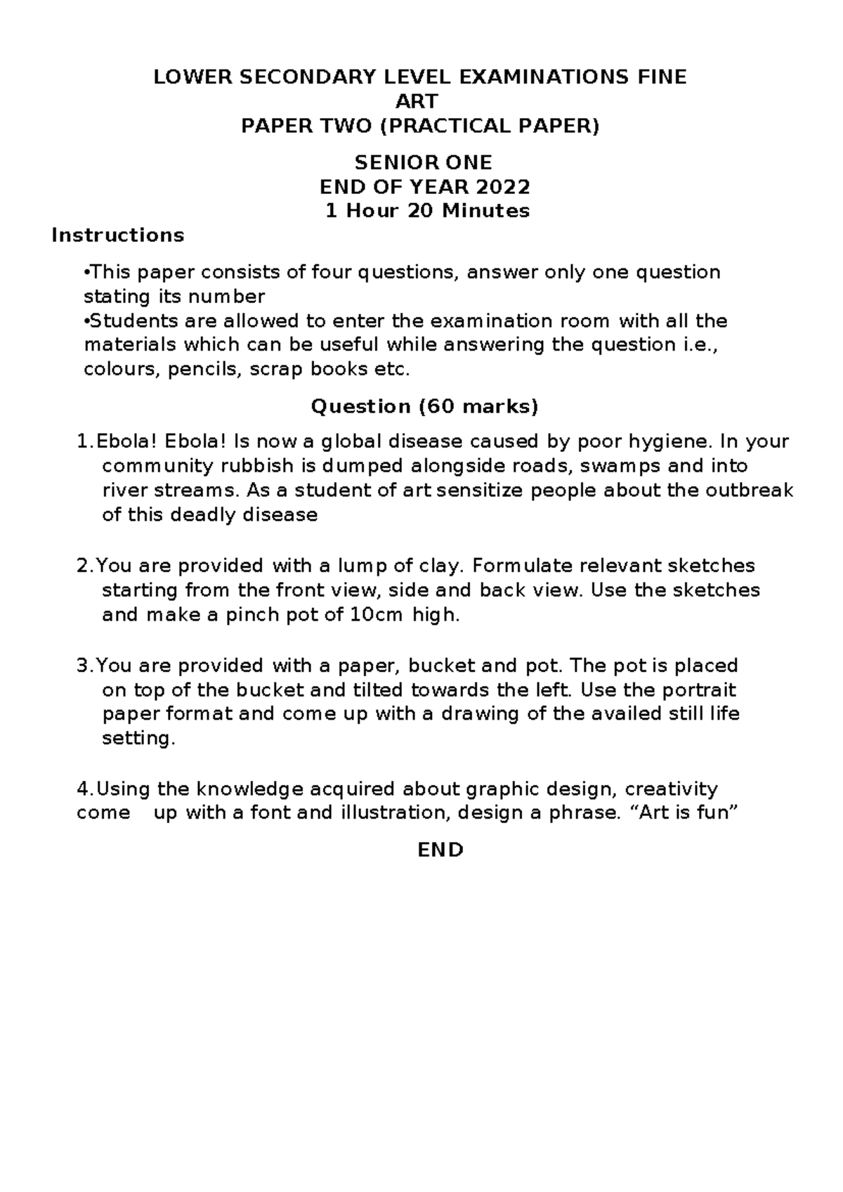 ART Paper S1 E - Lower Secondary Fine Art Exam Instructions - Studocu