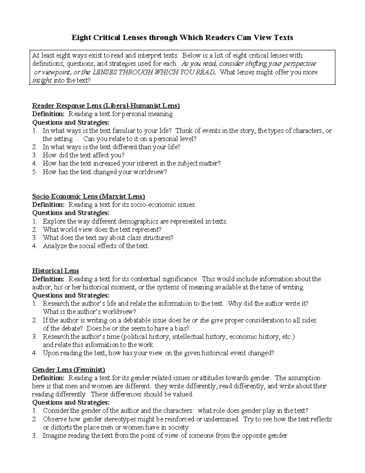 Critical Lenses for Text Analysis: Understanding Eight Approaches - Studocu