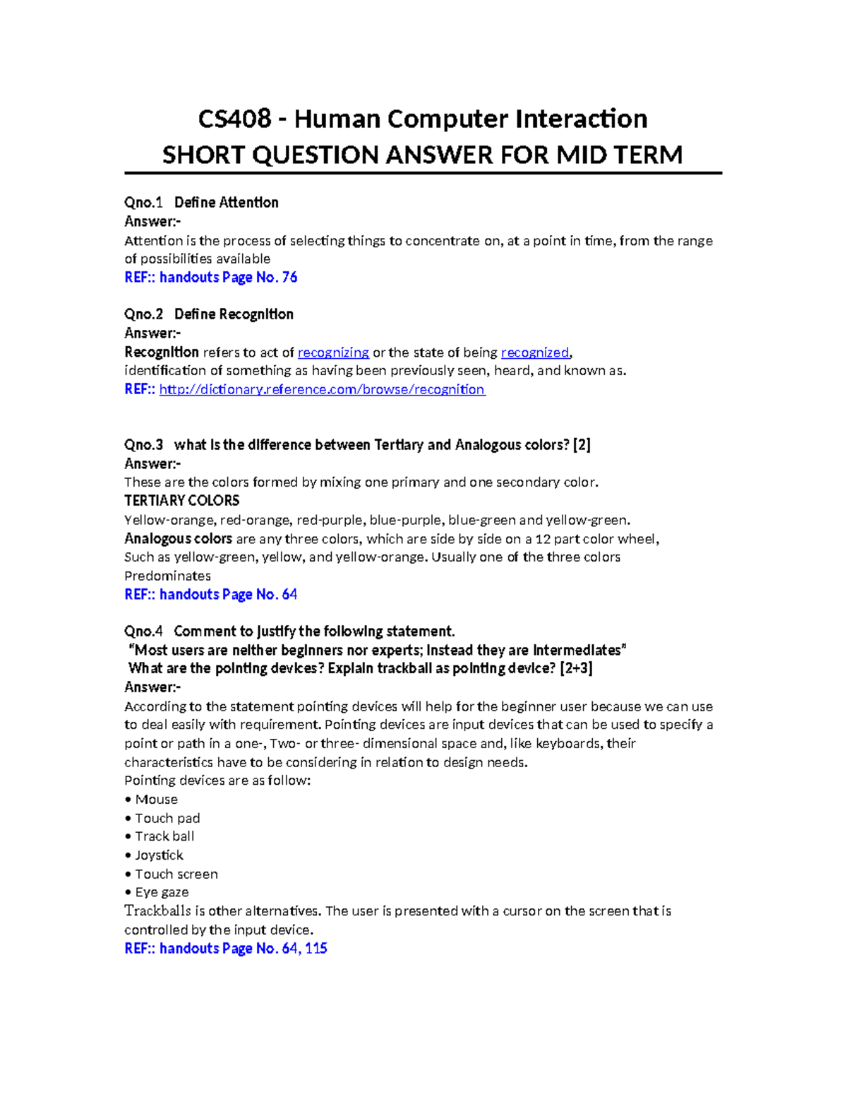 CS408 Human Computer Interaction Midterm Short Q&A Solutions by Umair Saulat - Studocu
