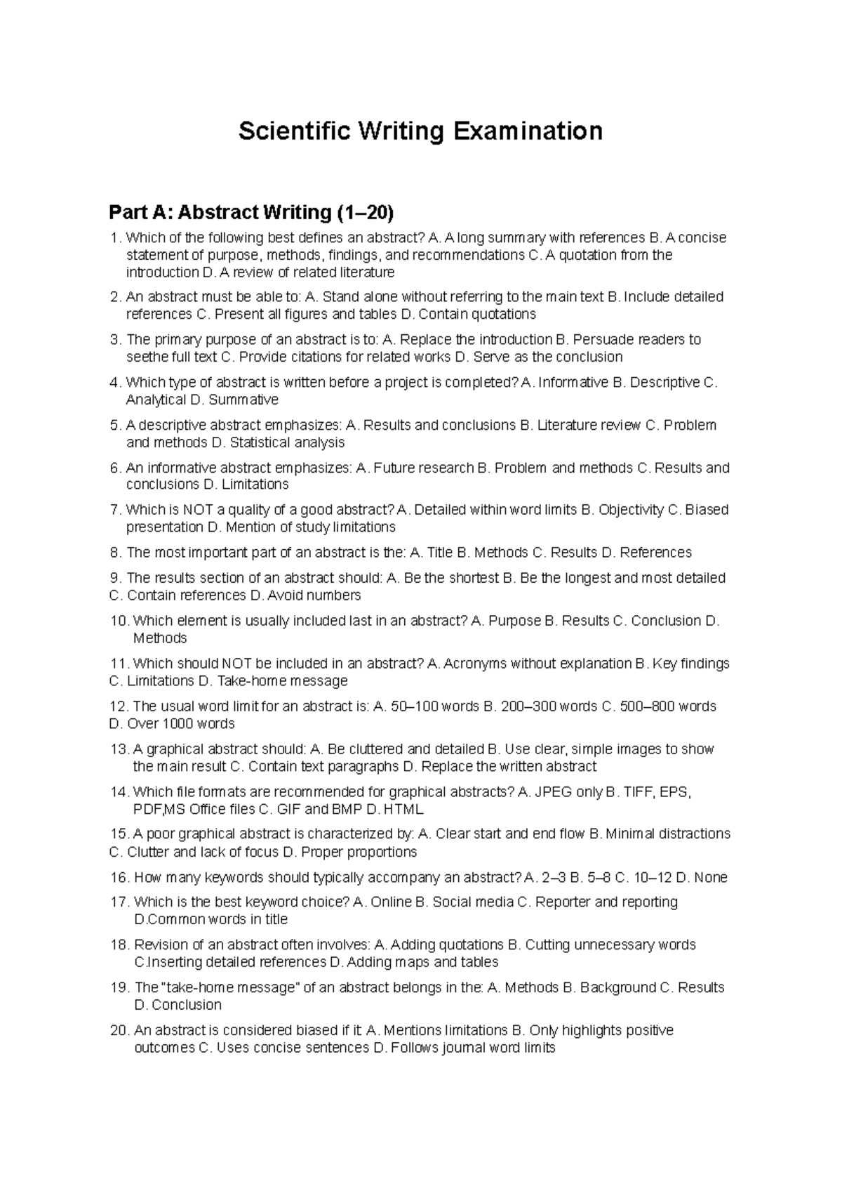 Scientific Writing Exam: Abstracts, Citations, and Principles - Studocu