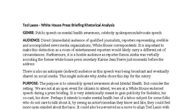 Rhetorical Analysis of Ted Lasso's White House Press Briefing - Studocu