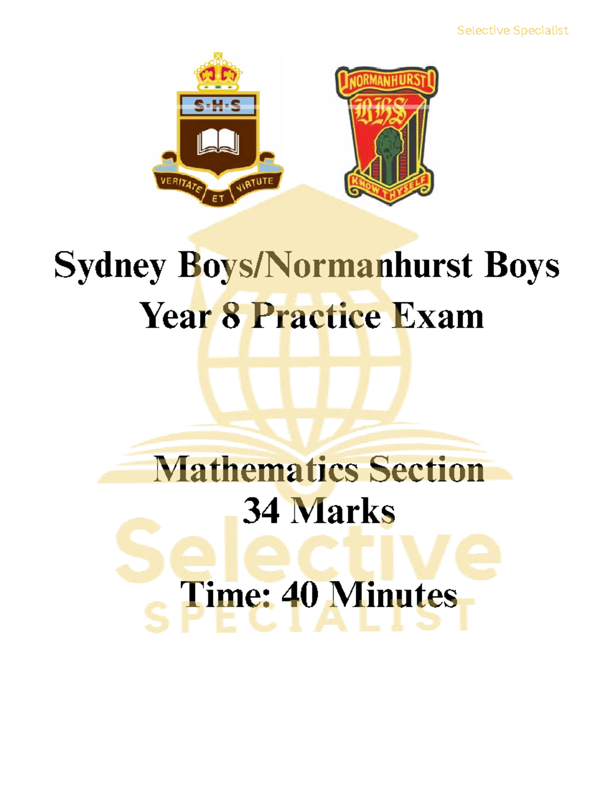 Y8 Sydney Boys Normanhurst Practice Exam: Math & English Sections - Studocu