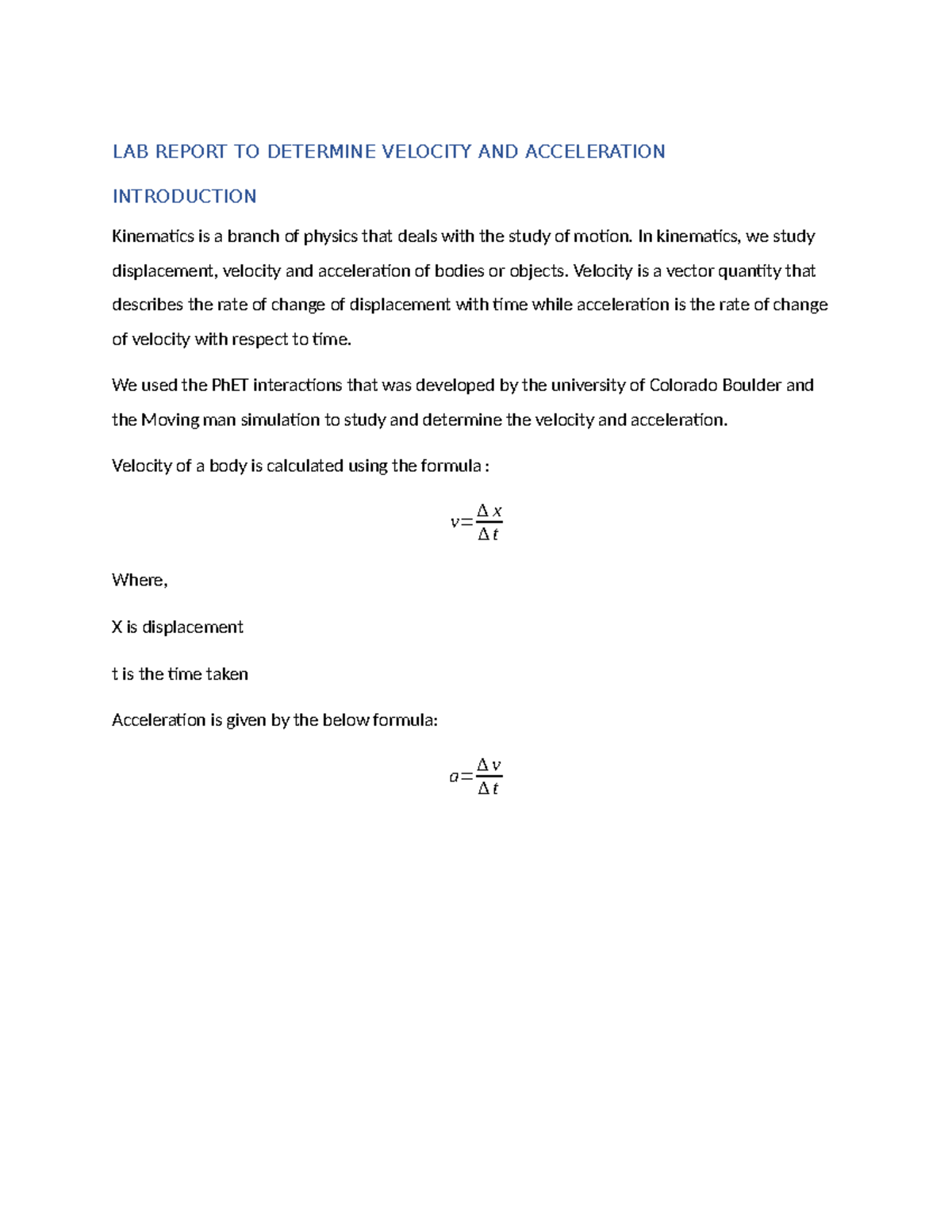 Physics 1 Lab Report: Analyzing Velocity & Acceleration - Studocu