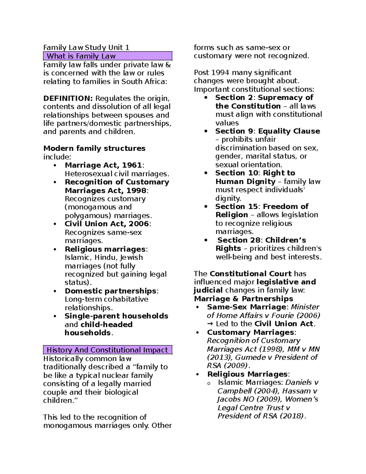 IURI 173 Family Law Unit 1 & 2 Summaries: Key Concepts and Cases - Studocu