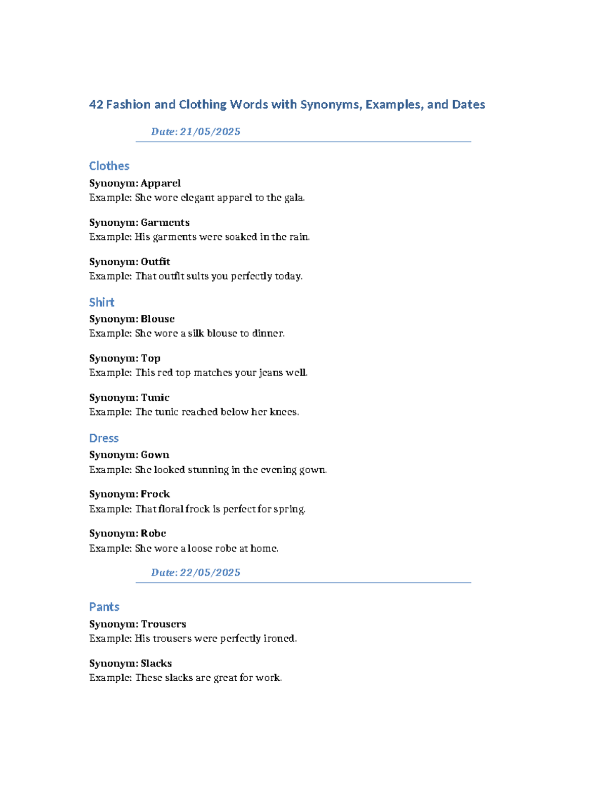 42 Fashion & Clothing Terms with Synonyms & Examples - Studocu