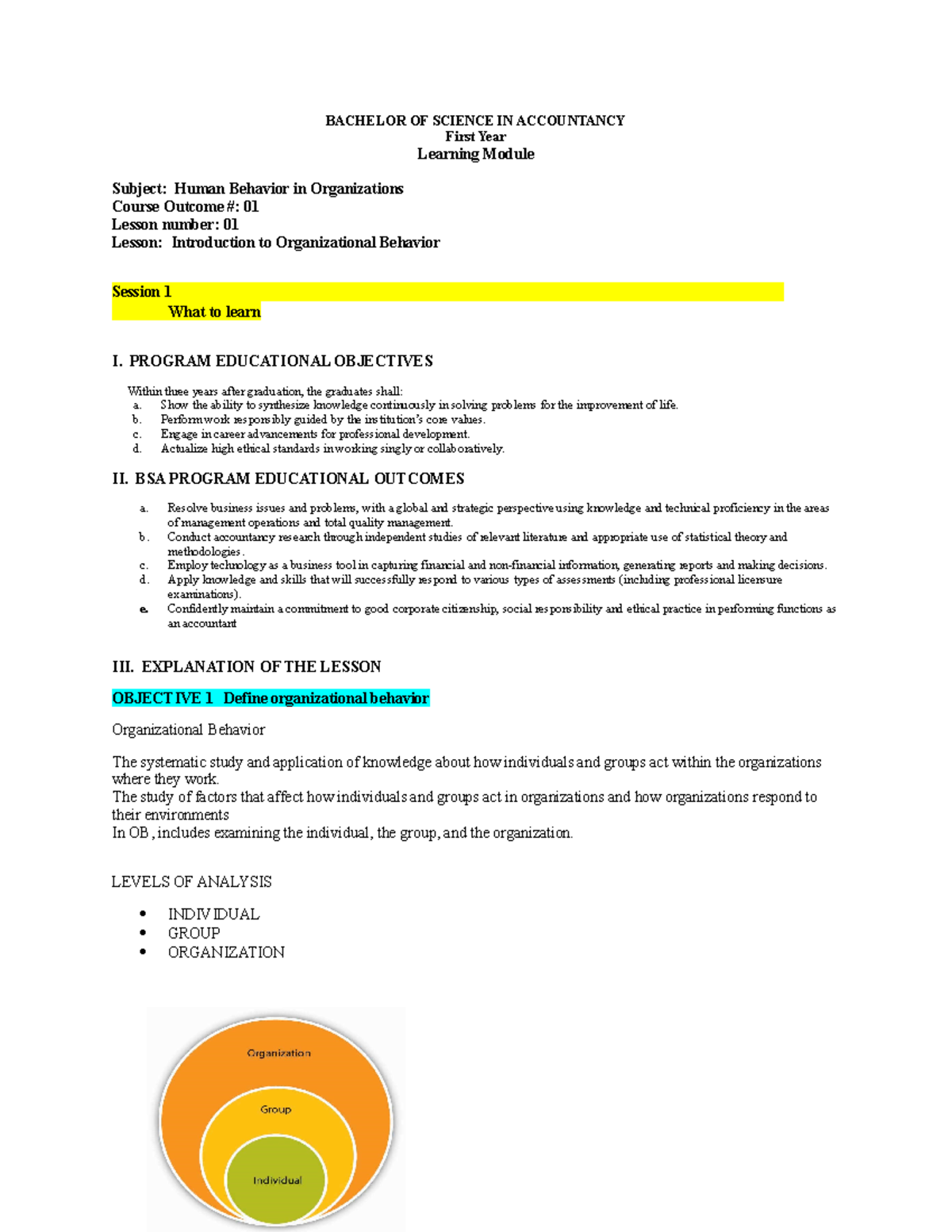 Lesson 1 Introduction to Organizational Behavior - BACHELOR OF SCIENCE ...
