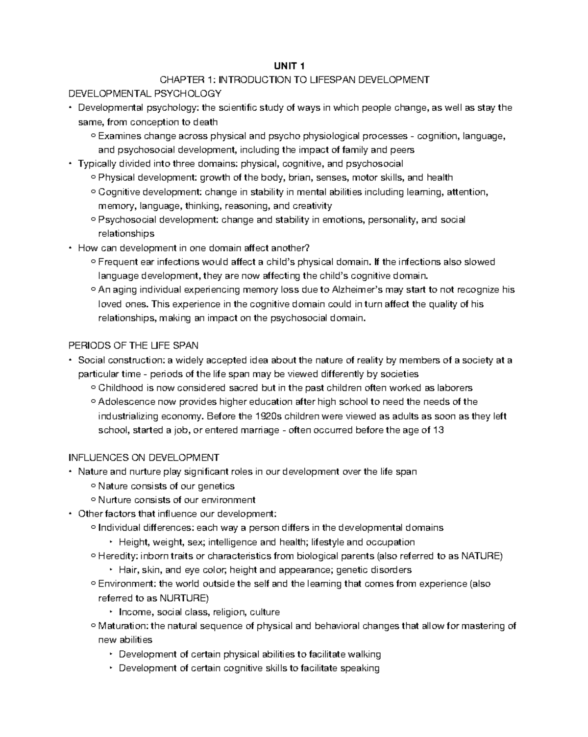 Lifespan Development: Exam 1 Notes - ULSO 1 & Major Theoretical ...