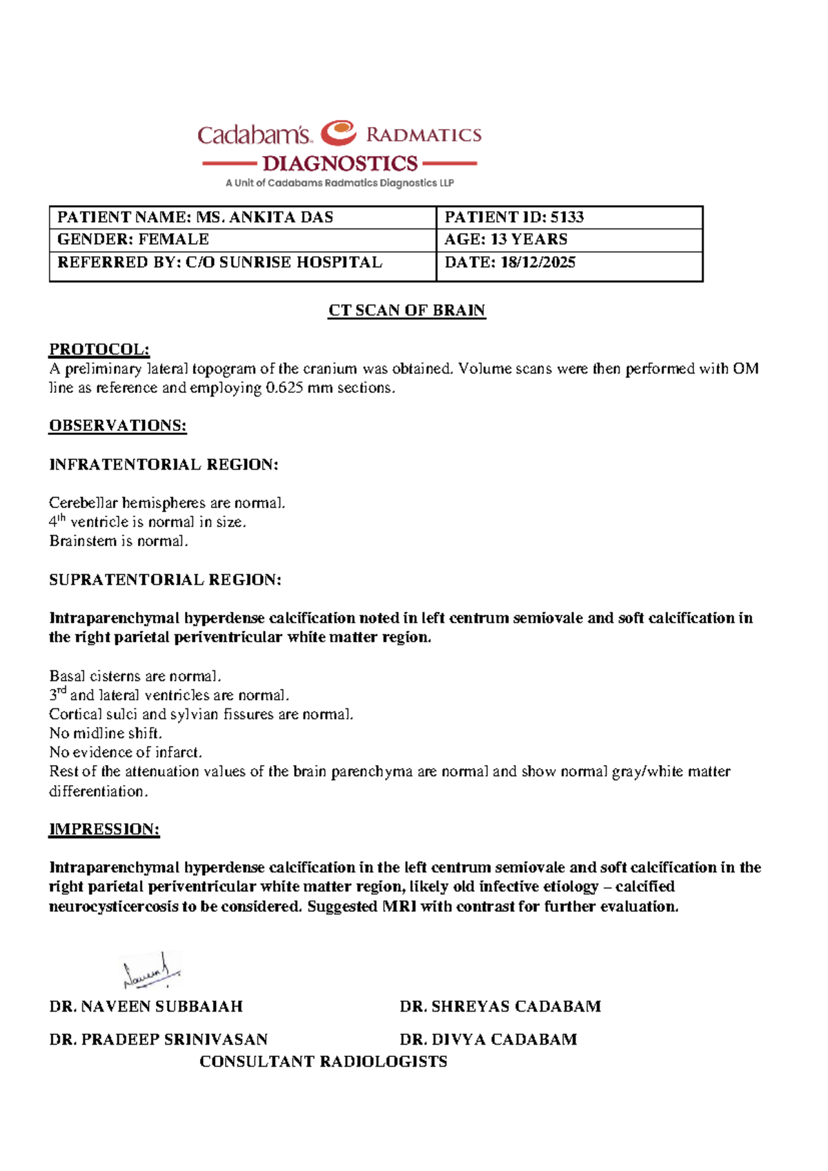 CT Scan Report: Ankita Das - Patient ID 5133 - Studocu