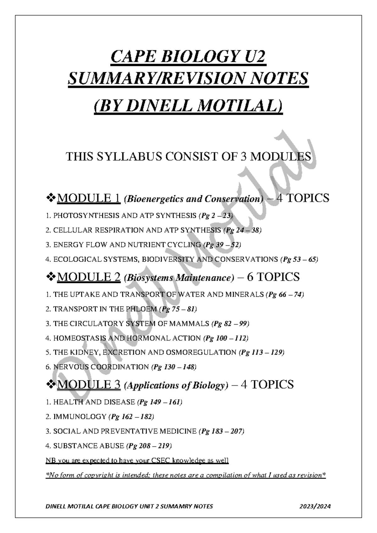 CAPE Biology U2: Comprehensive Summary of Modules and Key Concepts - Studocu
