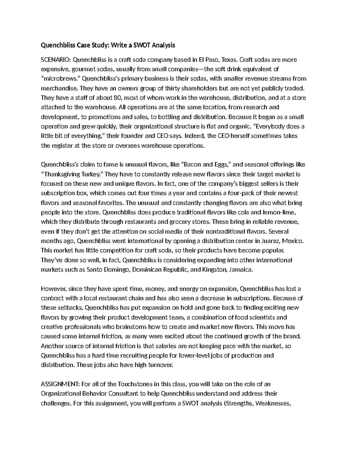 Quenchbliss Case Study: SWOT Analysis for Touchstone 1 - Studocu