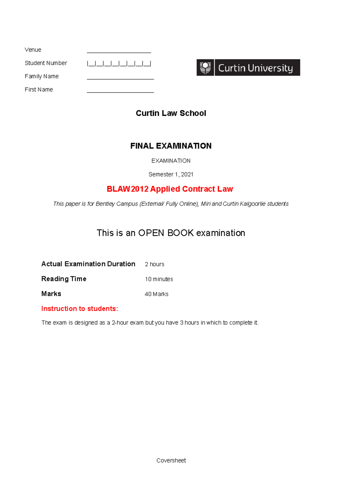 Applied Contract Law - Semester 1 2021 - Final Exam - upload - BLAW2012 ...