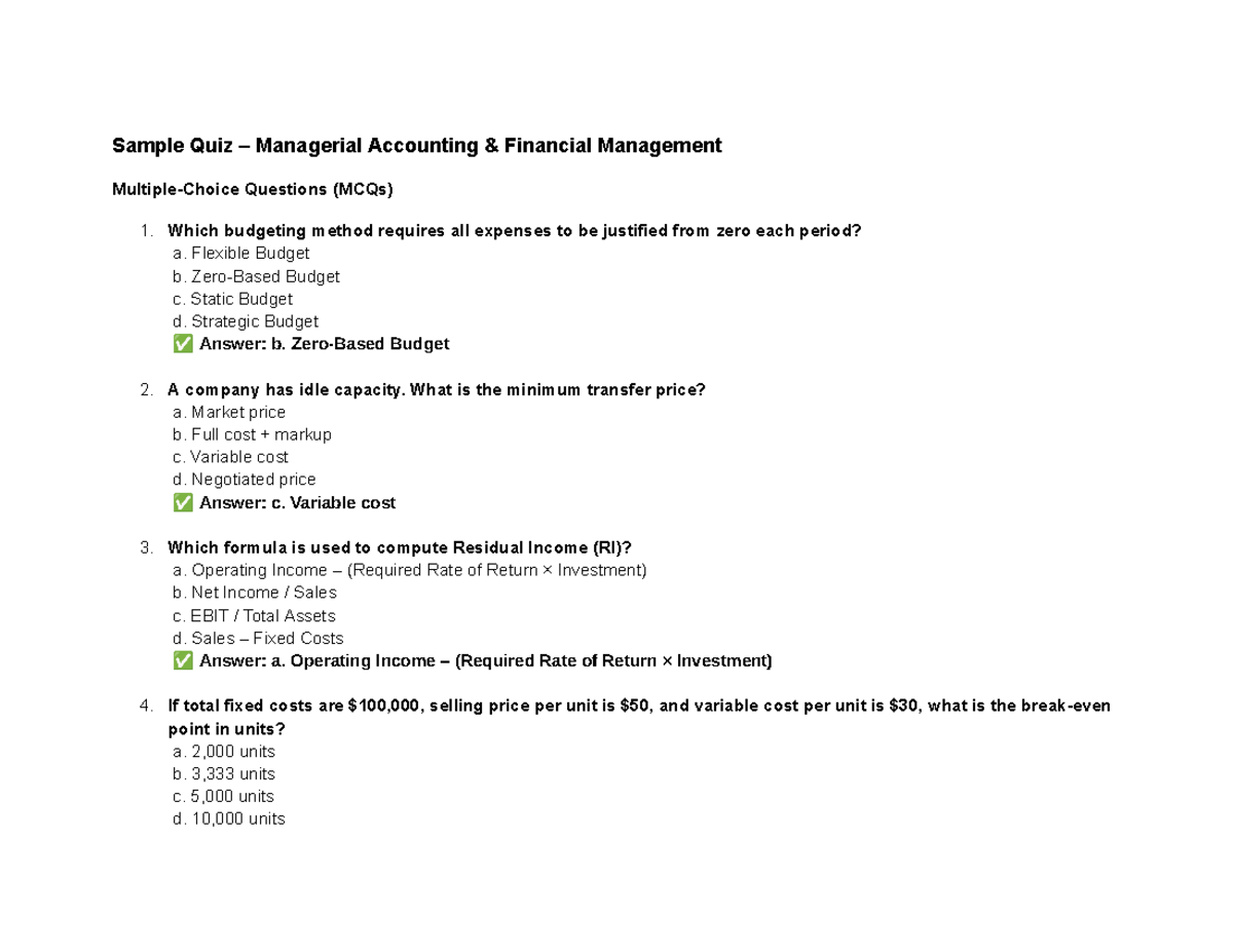 MAS TEST - Sample test - Sample Quiz – Managerial Accounting ...