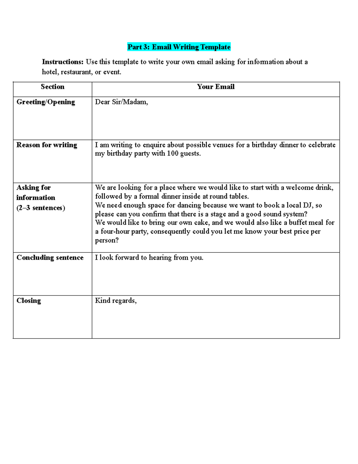 1.5 - Email Writing Template for Venue Inquiry - Studocu