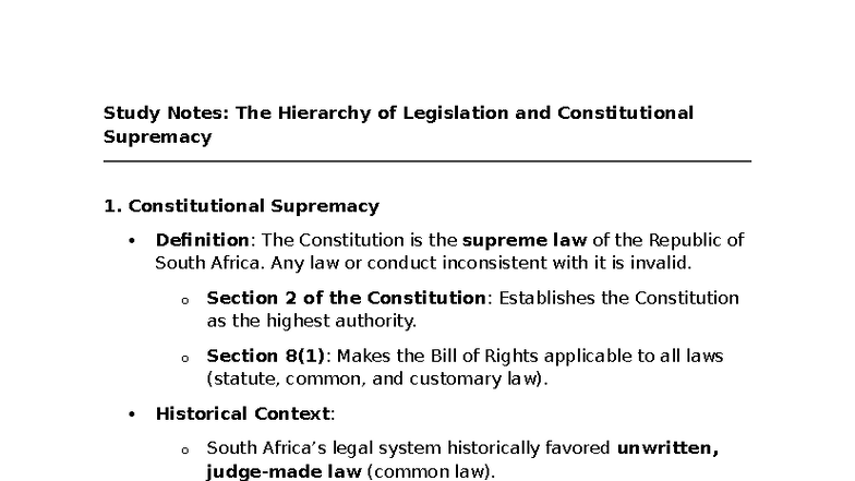 Study Notes: Hierarchy of Legislation & Constitutional Supremacy - Studocu