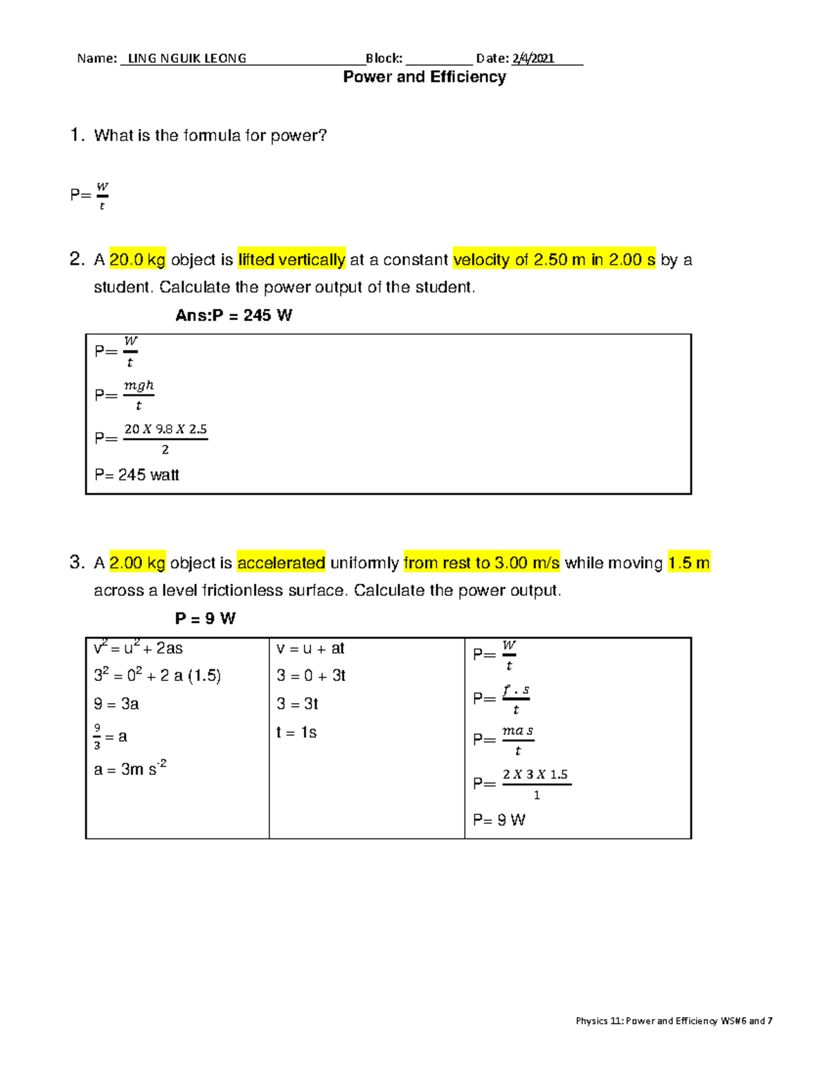 510747847 Power and Efficiency Worksheet Review - Studocu