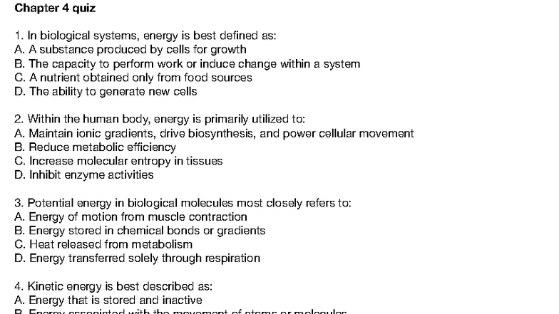 Chapter 4 Quiz: Energy Transformations in Bio Systems - Studocu