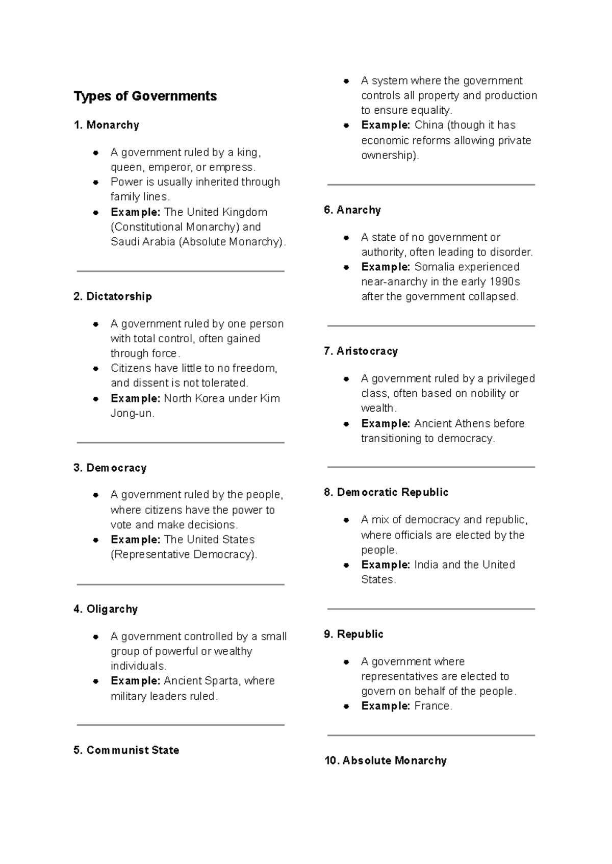 Types of Governments: A Comprehensive Overview - Part 2 - Studocu