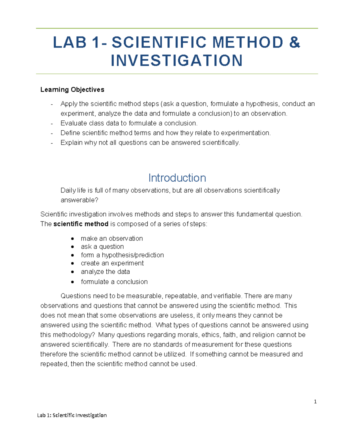 Lab 1: Scientific Investigation - Applying the Scientific Method - Studocu