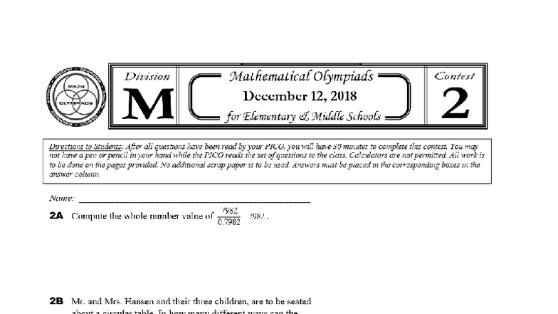 Moems Div M 2018-2019 Contest 2: Math Olympiad Problems - Studocu