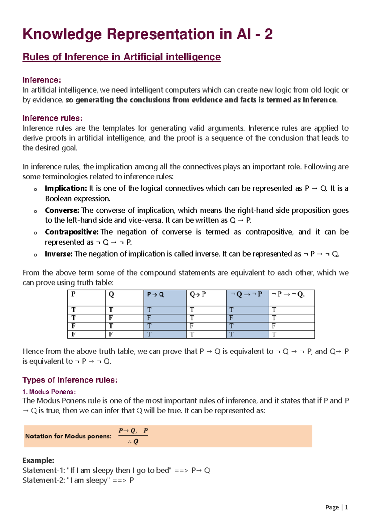 Knowledge Representation in AI 2: Inference Rules and Logic - Studocu