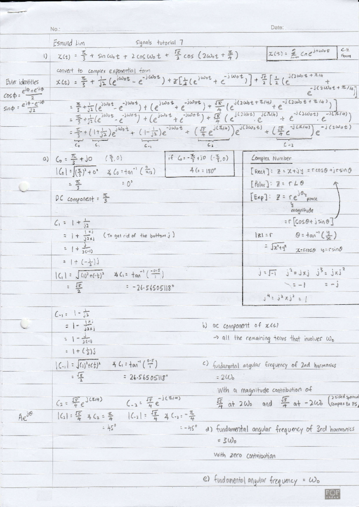 Signals Tutorial 7 Solution - Esnvnd tvlocu,l 1 Lin x-cl) = T + sia tnot, t I 1L Los wo+ ...