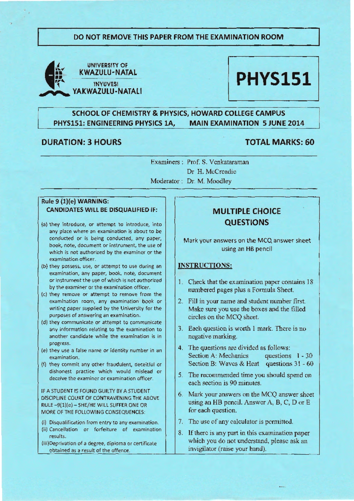 PHYS151: Engineering Physics 1A Main Examination June 2014 - Studocu