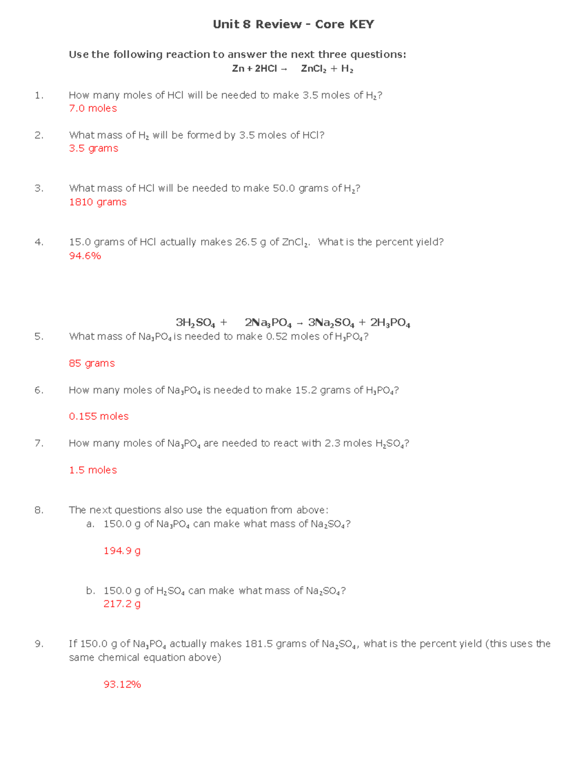 Unit 8 Stoichiometry Review (Core) KEY - Studocu