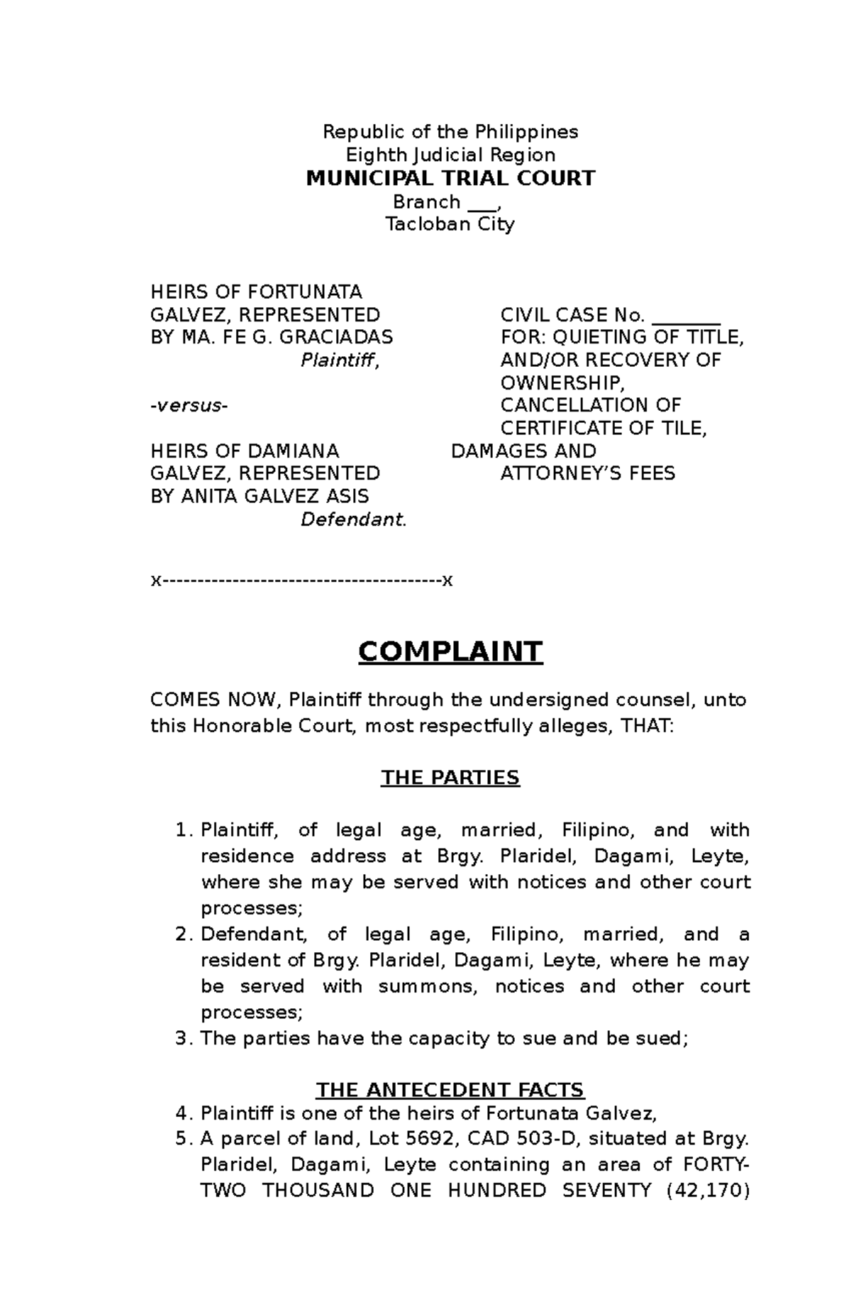 Complaint-Affidavit Sample for Civil Case No. _______ in Tacloban City ...