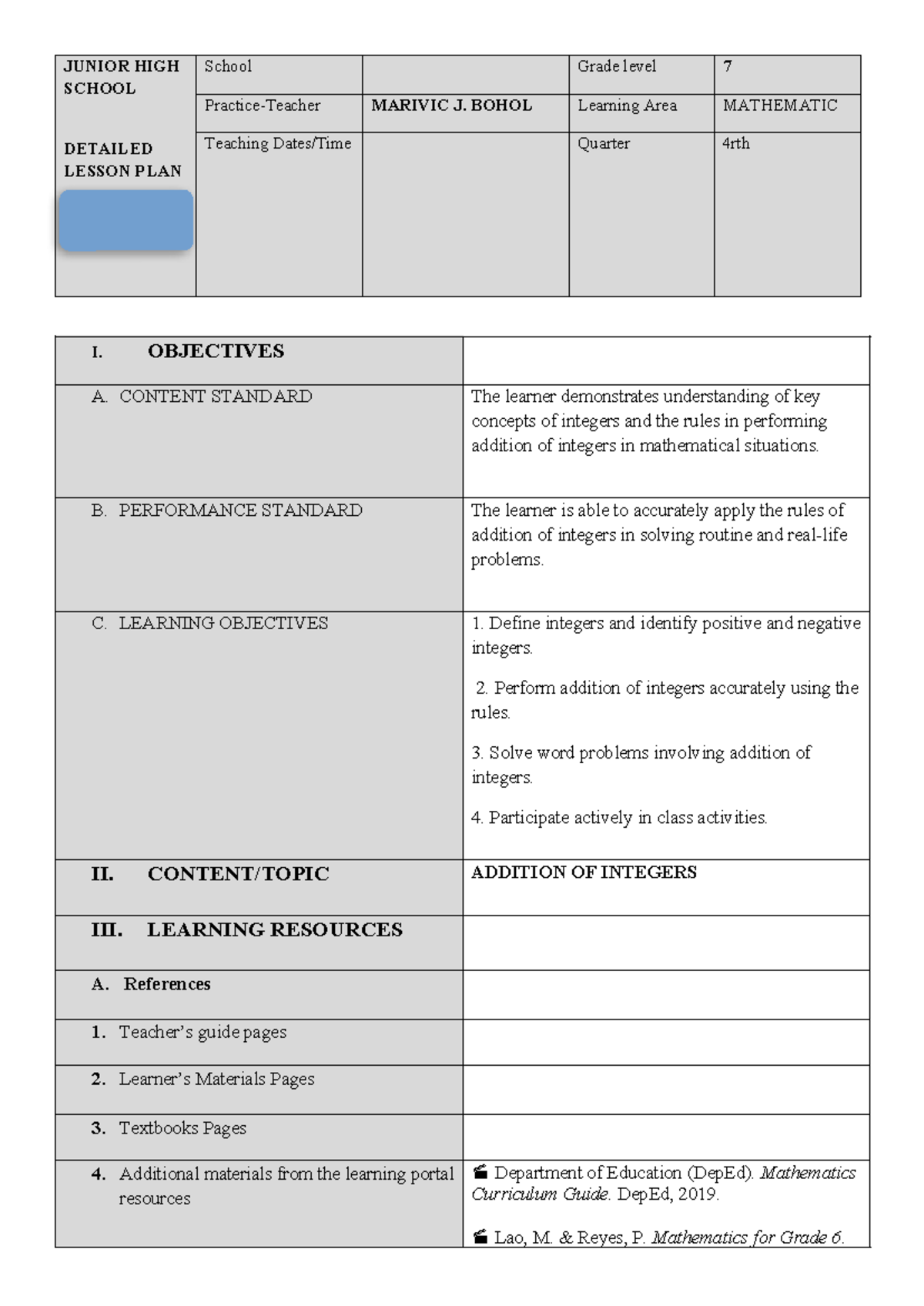 JHS Math Lesson Plan: Adding Integers for Grade 7 (Q4) - Studocu