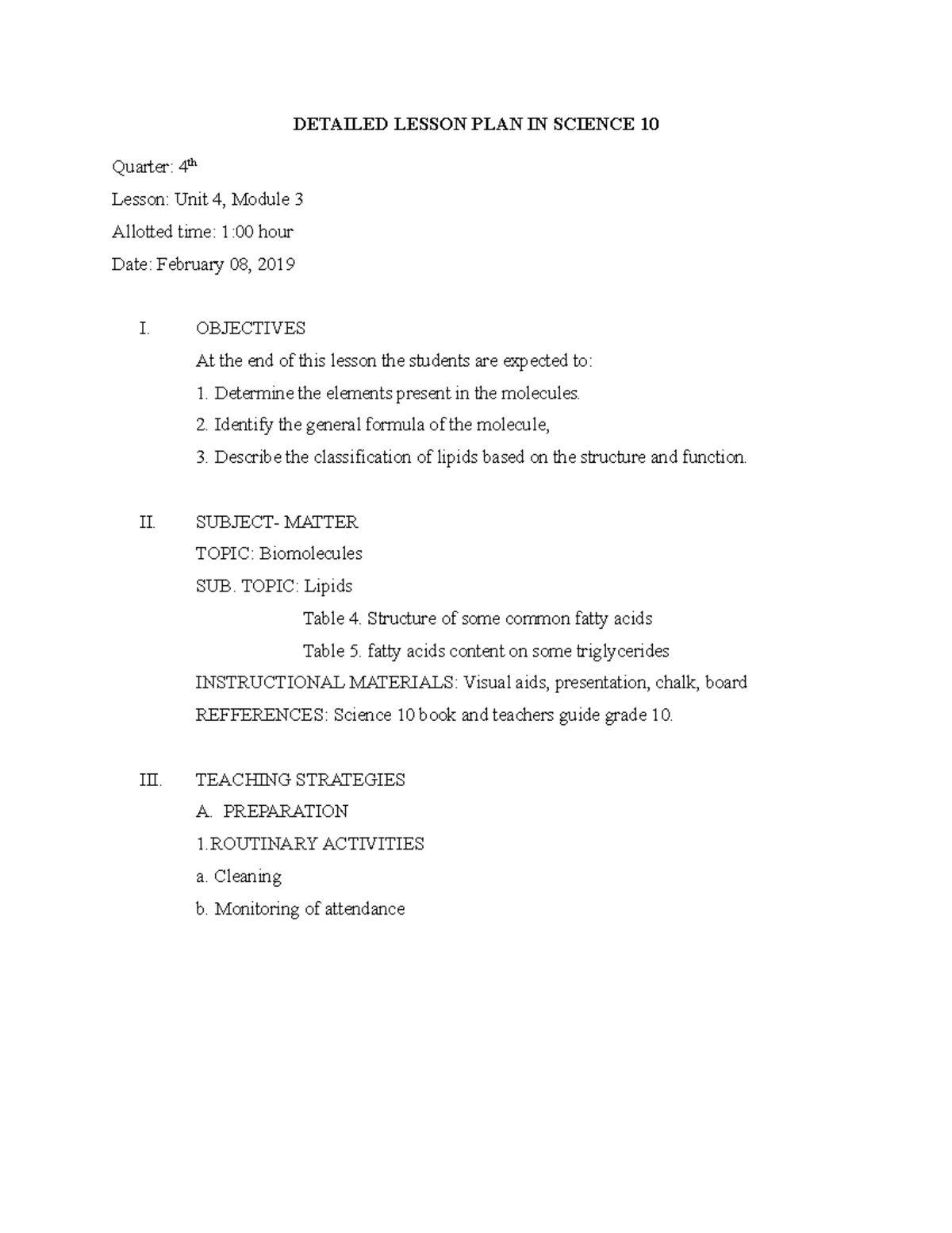 Grade 8 Science Lesson Plan: Understanding Lipids and Their Functions ...