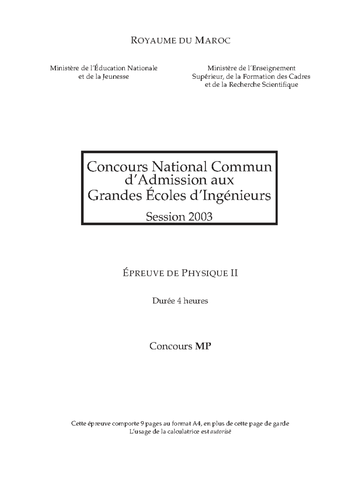 Concours National Commun MP 2003 - Épreuve de Physique II - Studocu