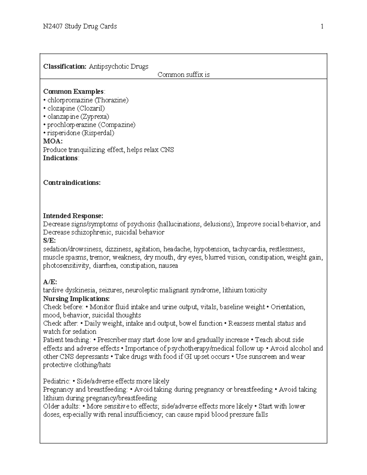N2407 Antipsychotic Drugs Study Cards: Classification & Nursing ...