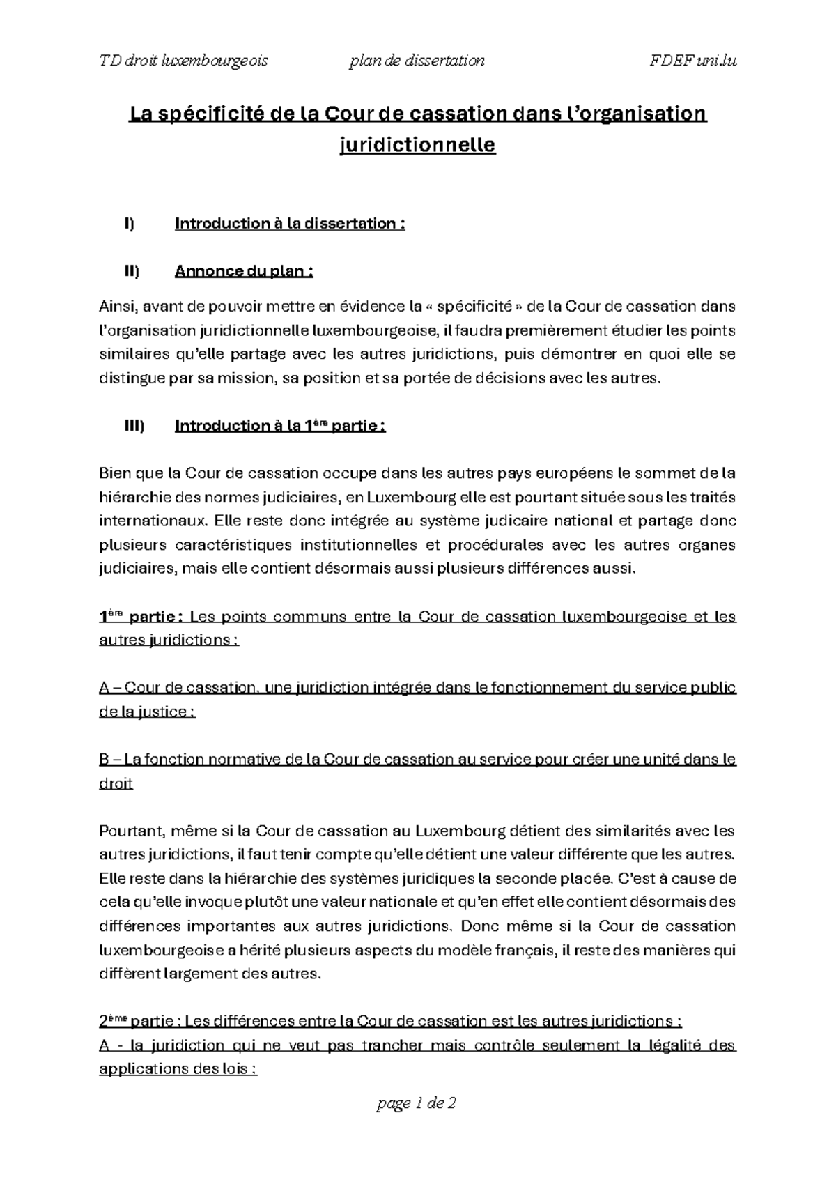 TD Droit Luxembourgeois: Spécificité de la Cour de Cassation - Studocu