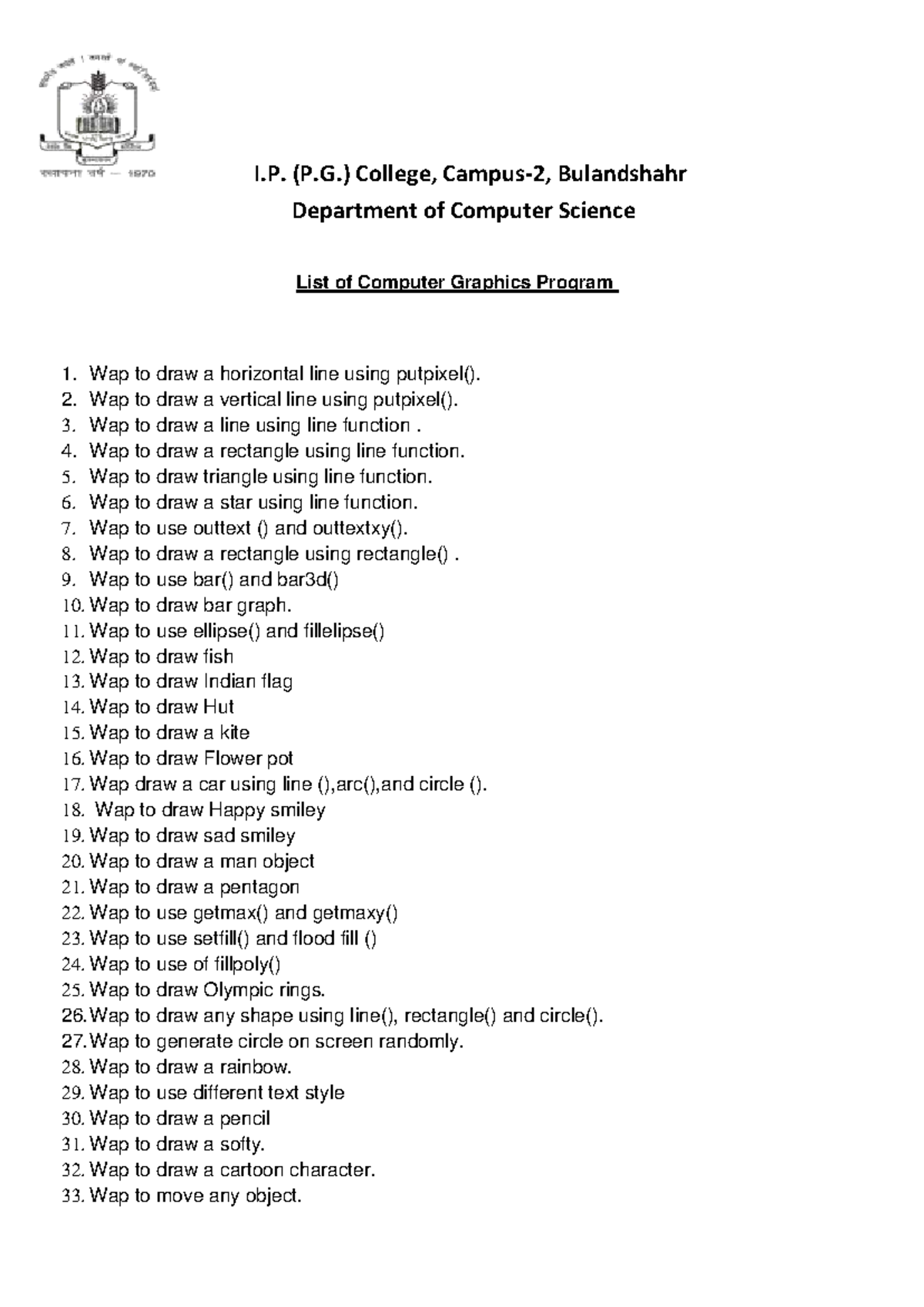 Computer Graphics Practical Tasks - I.P. (P.G.) College - Studocu
