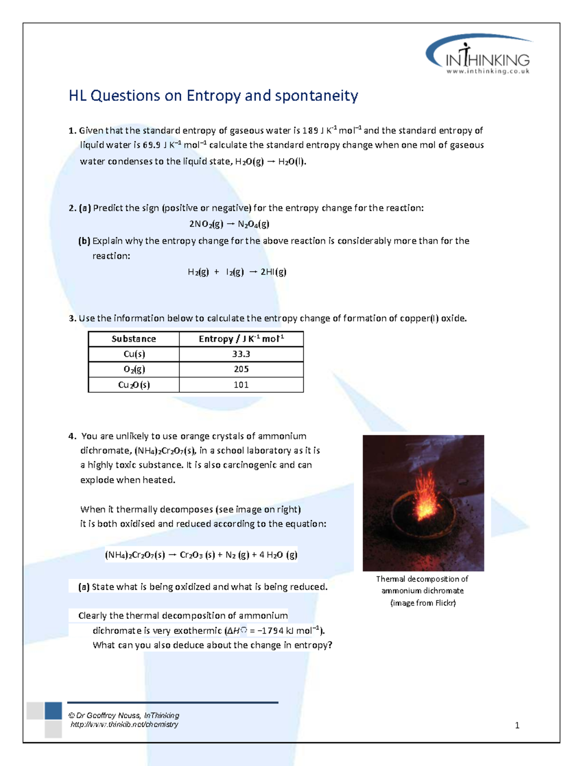 Entropy Questions - Old Syllabus IB Chemistry HL Exam Topics - Studocu