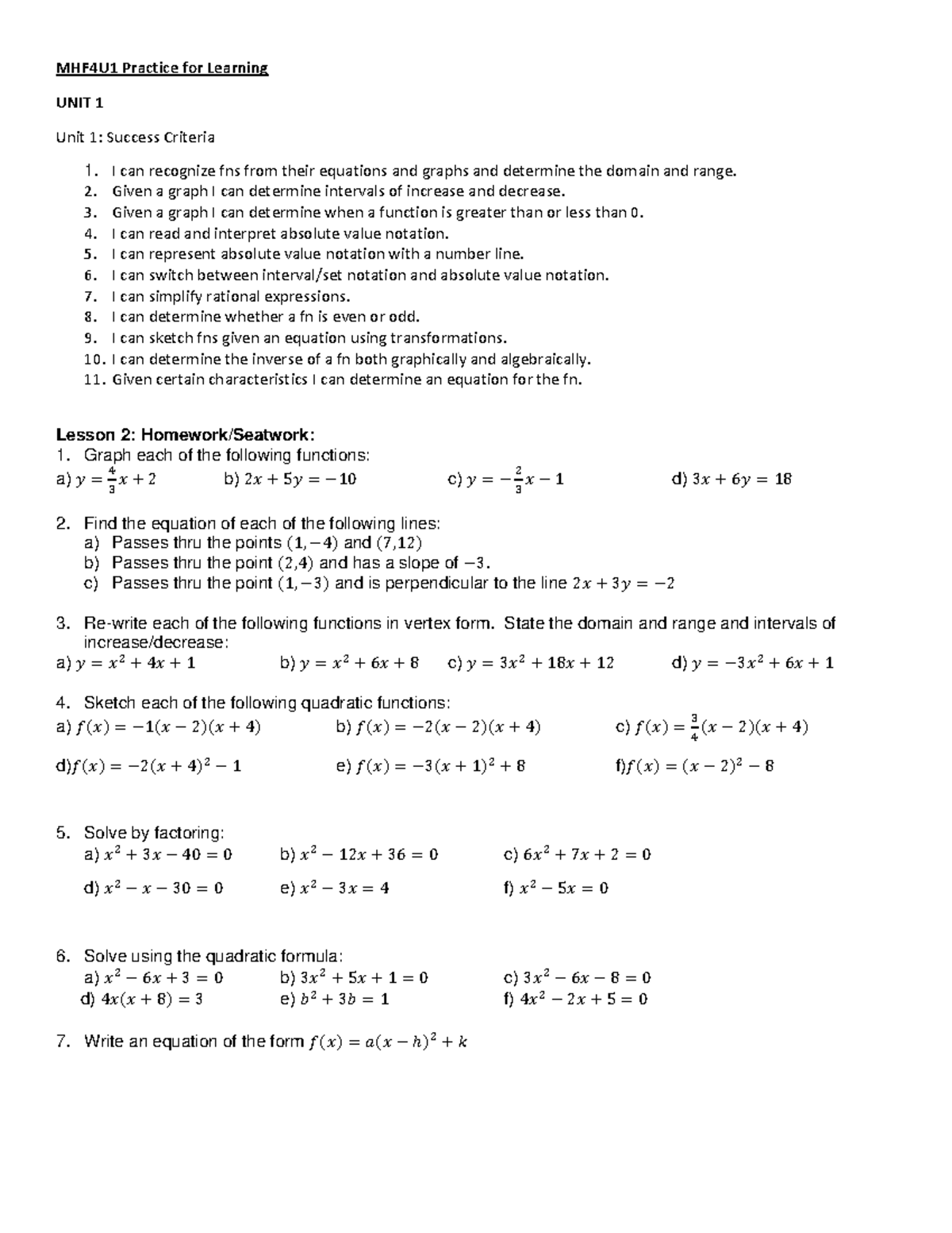 MHF4U1 Lesson 2 Homework: Functions, Graphs, and Transformations - Studocu