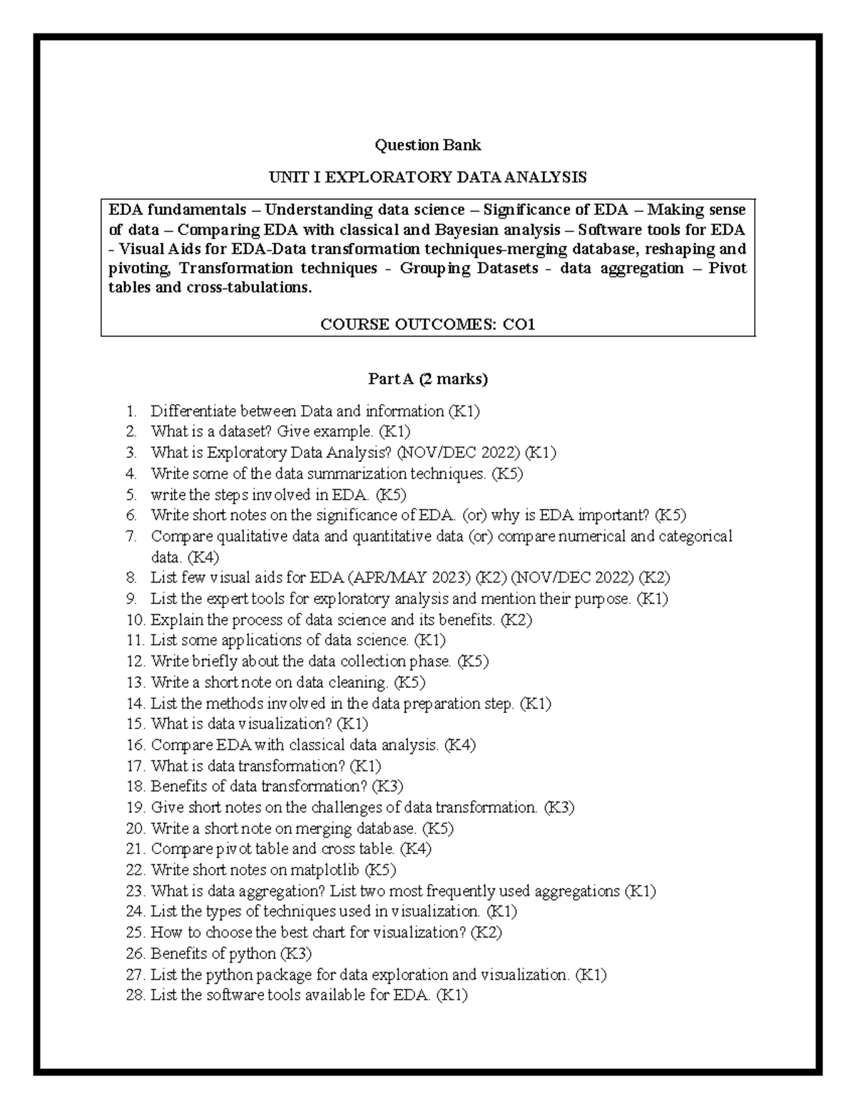 DEV-Unit 1-QB - Exploratory Data Analysis Question Bank - Studocu