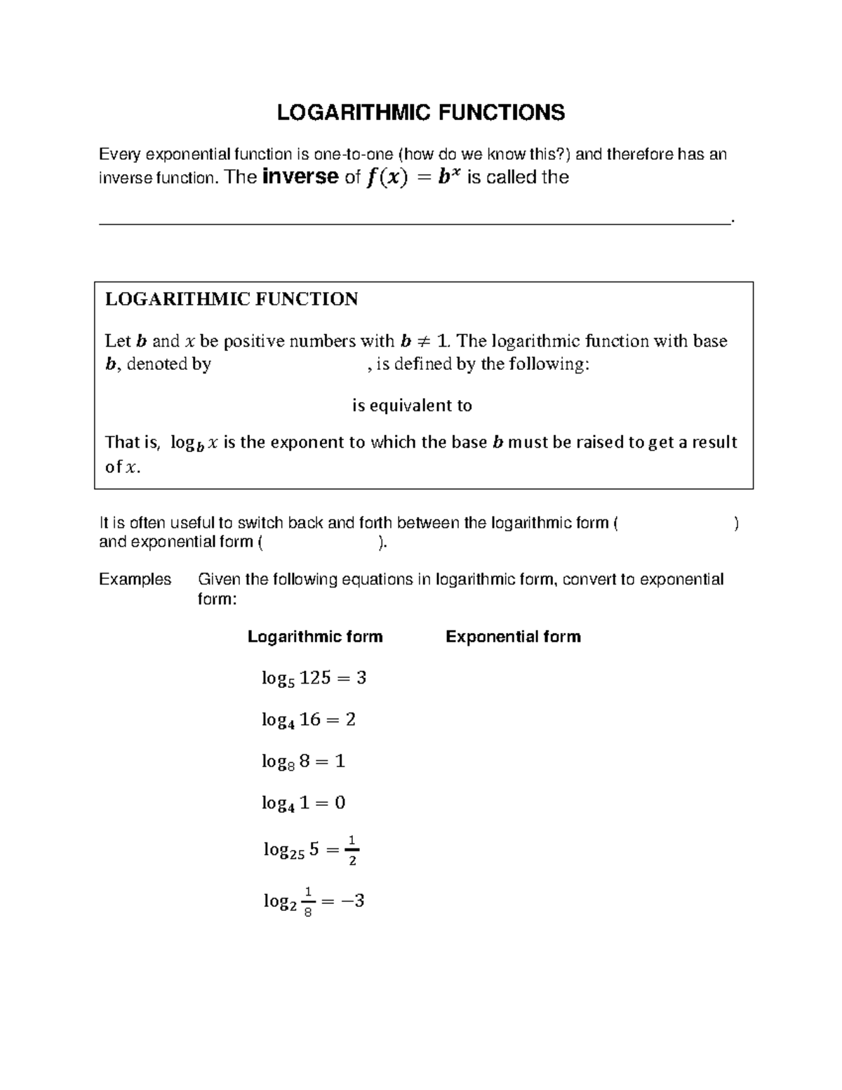 Logarithmic Functions: Concepts and Examples - Studocu