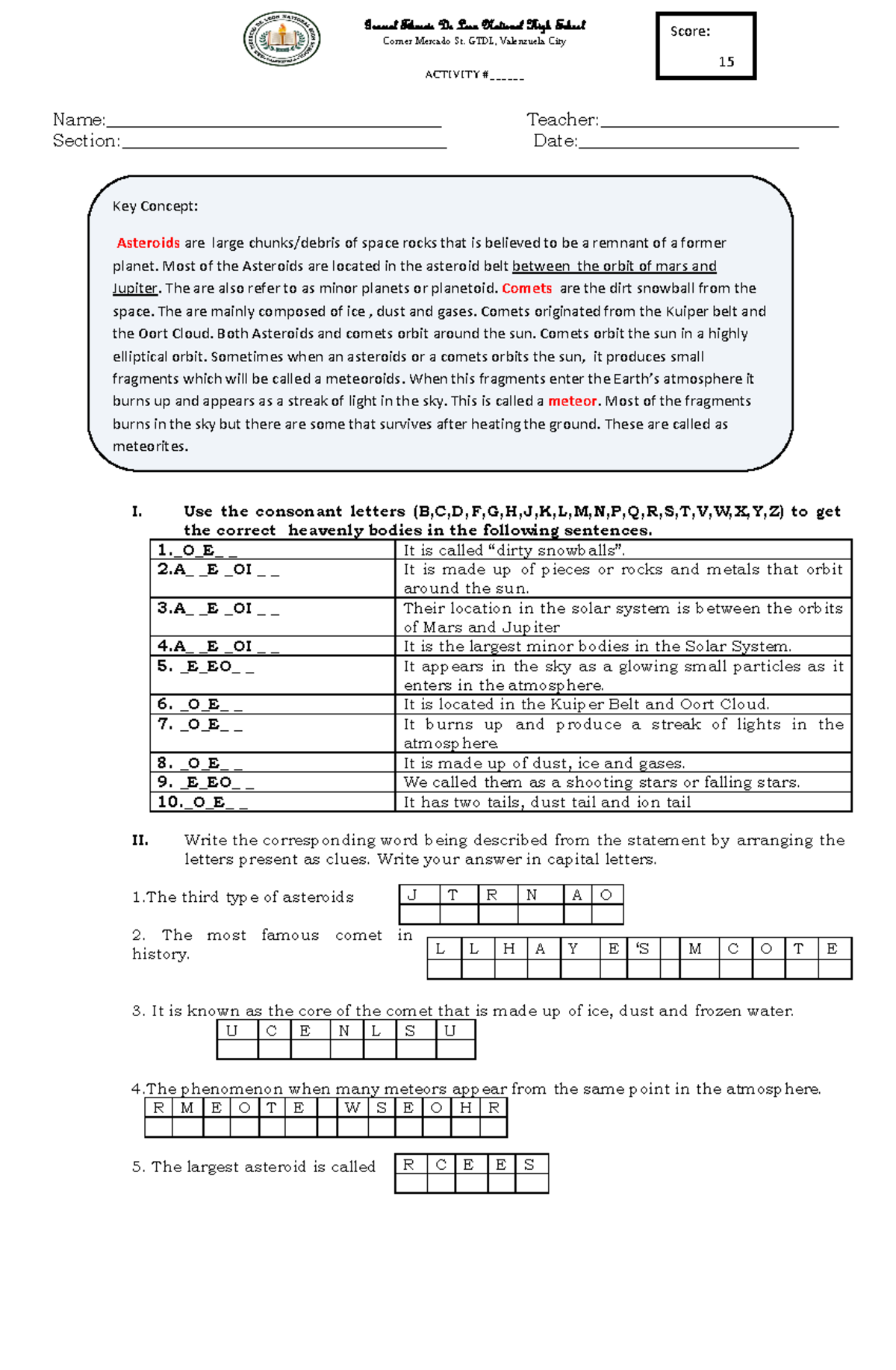 Earth and Space Lesson: Understanding Asteroids and Comets - Studocu