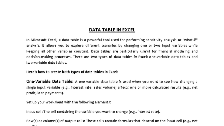 DATA TABLES & ANALYSIS IN EXCEL (FIN 101) - Studocu