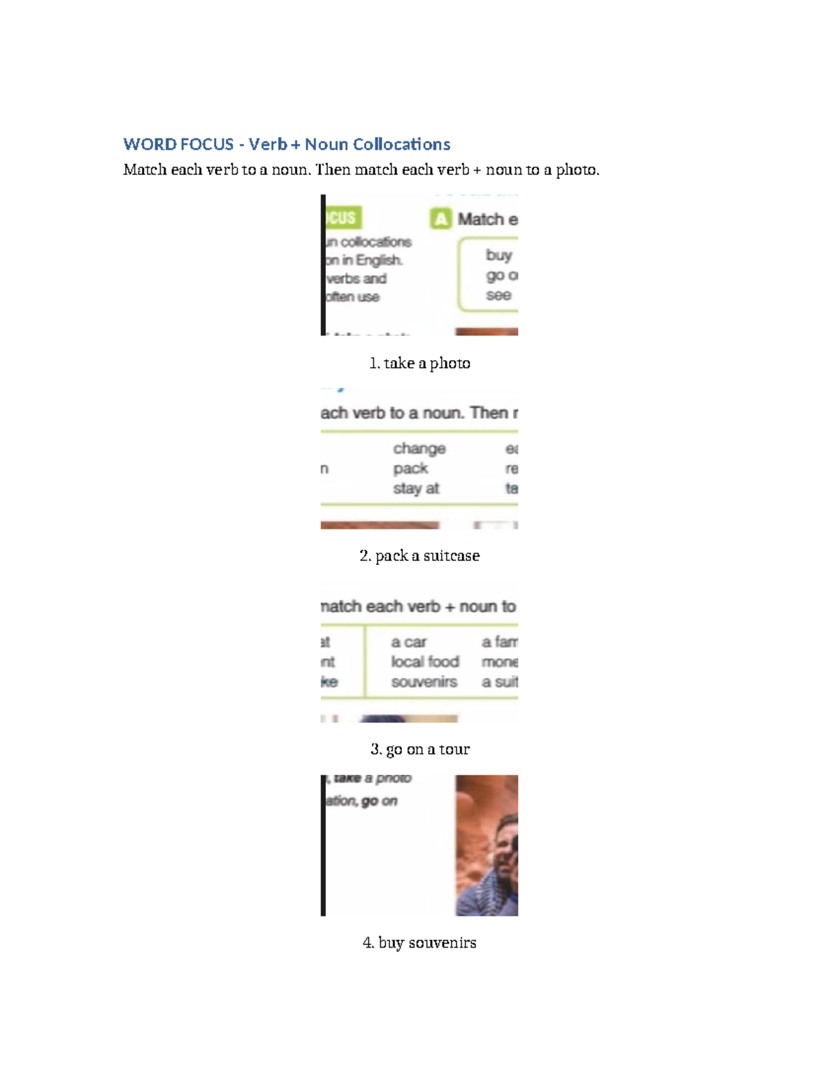 Verb Noun Collocations with Images - Ingles - WORD FOCUS - Verb + Noun ...