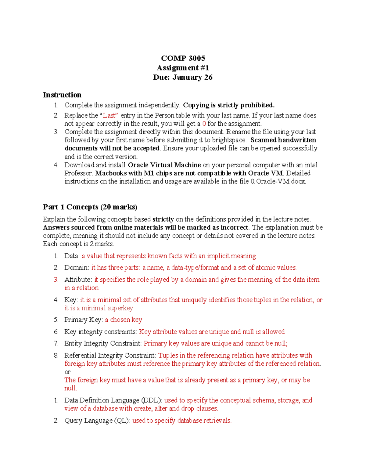 25W-A1 SO - A1 SOL - COMP 3005 Assignment Due: January 26 Instruction ...