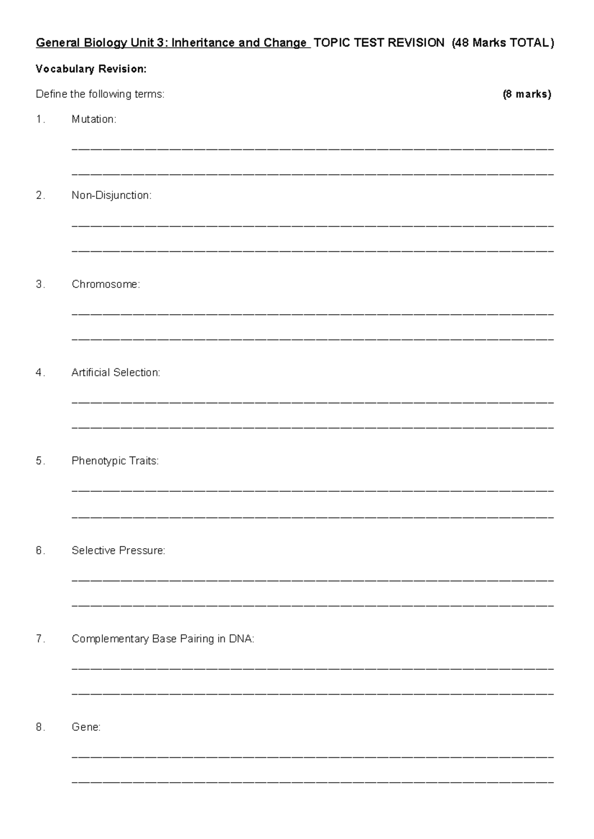 Gen Biol Unit 3: Inheritance & Change Topic Test Revision (48 Marks ...