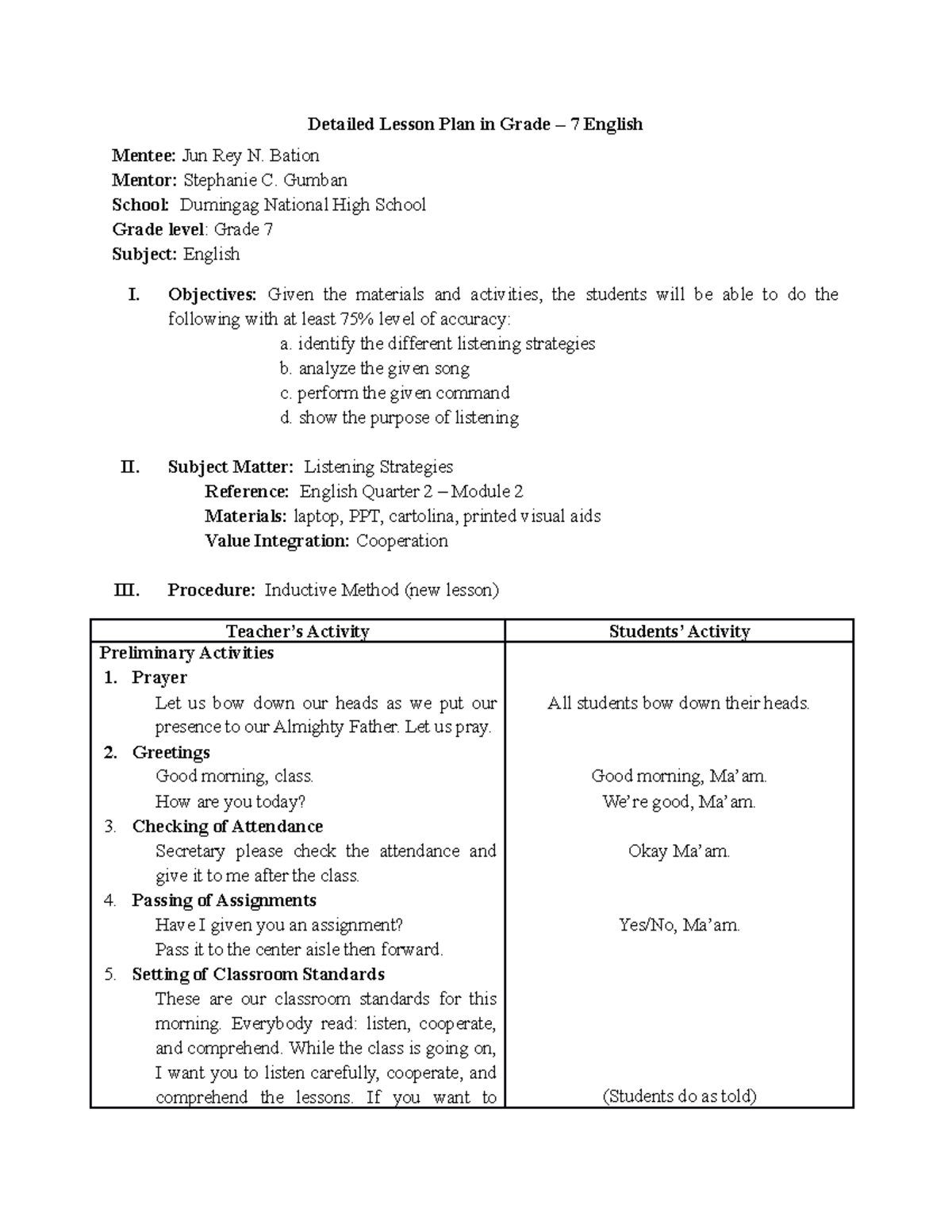 Listening Strategies Lesson Plan - Grade 7 English (English 7) - Studocu