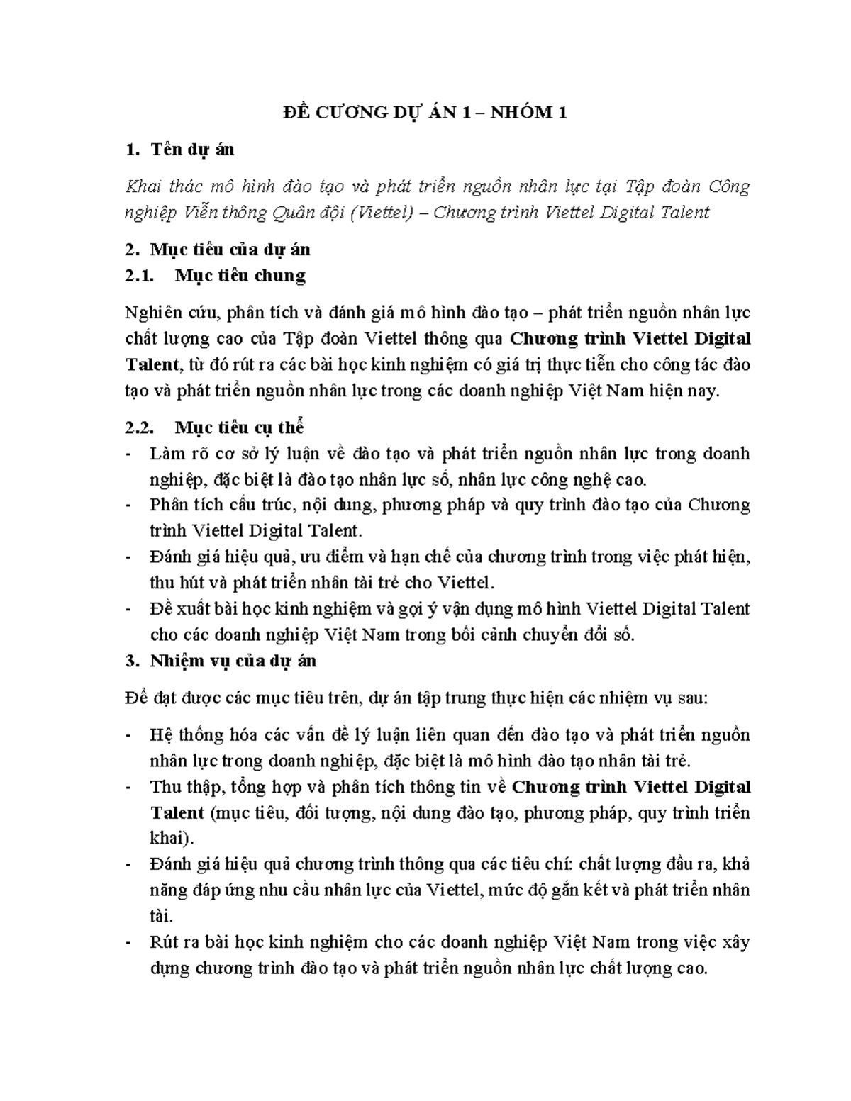 ĐỀ CƯƠNG DỰ ÁN 1 - NHÓM 1 - KHÁI THÁC MÔ HÌNH VIETTEL DIGITAL TALENT ...