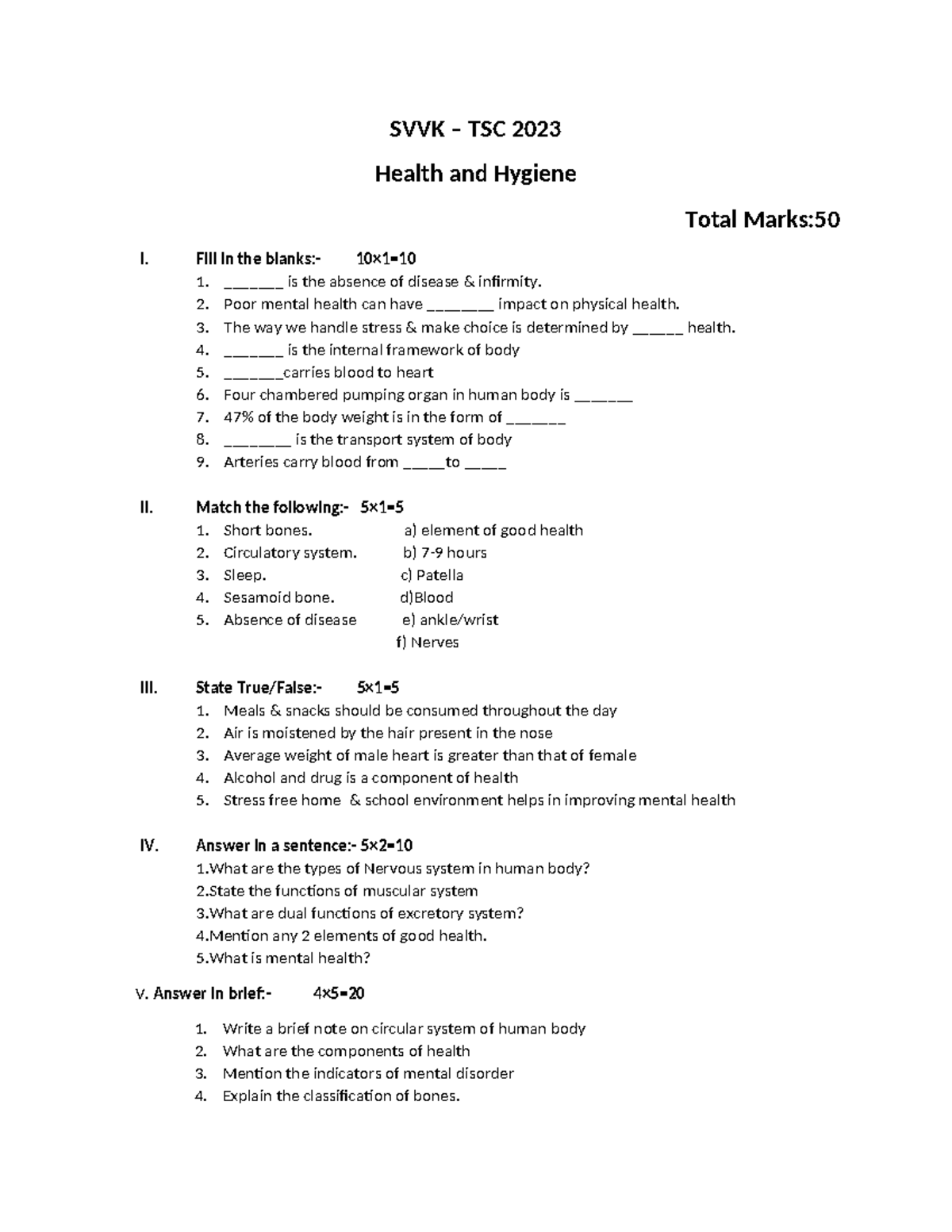 SVVK – TSC Health and Hygiene Test Paper 01 - Fill in the Blanks & More ...