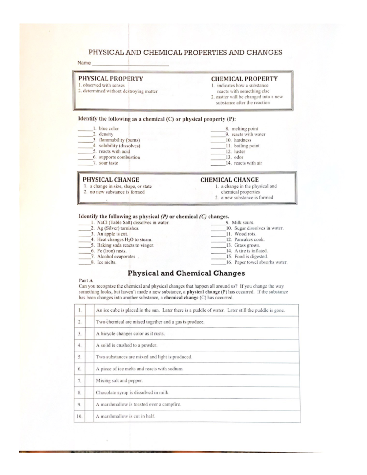 Physical And Chemical Properties and Changes Worksheet and Answers ...